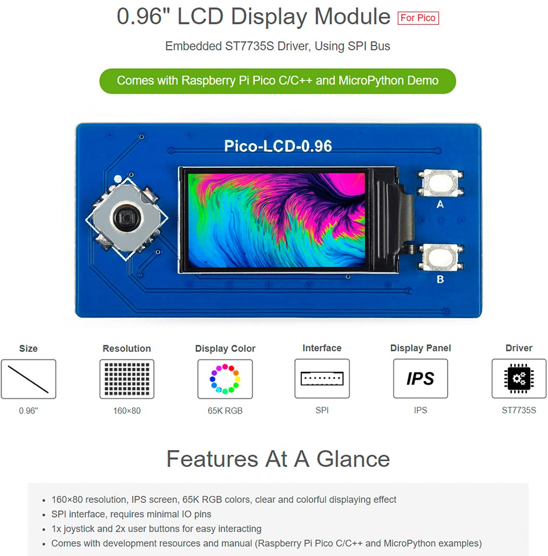 waveshare 0.96 inch LCD Display for Raspberry Pi Pico, 65K Colors Display Module, IPS Screen, 160×80 Pixels, Embedded ST7735S Driver, Using SPI Bus, Compatible with Raspberry Pi Pico Header
