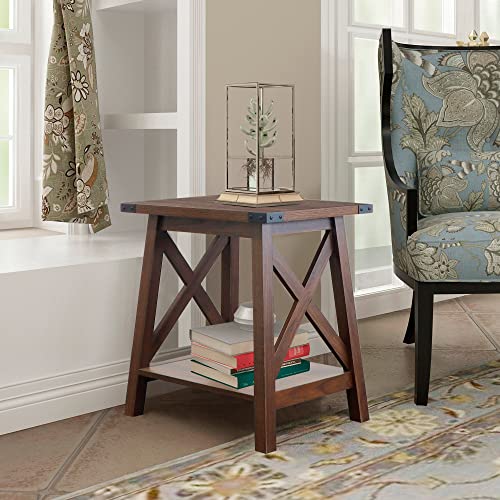 Rainbow Sophia Side Table End Table for Living Room, Farmhouse Accent Wood Nightstand for Bedroom with 2-Tier Storage, Dark Walnut