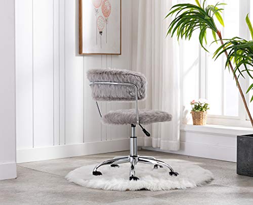 Kmax Fuzzy Office Desk Chair Faux Fur Kids Armless Rolling Task Chair Comfy Vanity Chair for Bedroom, Grey