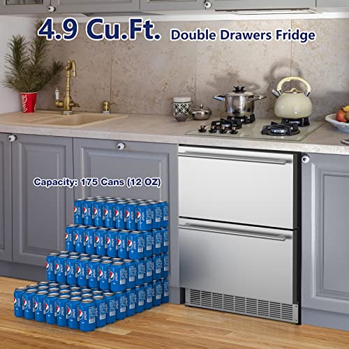24 Inch Outdoor Drawer Fridge, Under Counter Double Drawer Beverage Refrigerator, 4.9 Cu.Ft. Weather Proof IPX4 Stainless Steel Auto Defrost 34-65℉ Built-in Fridge, ETL & DOE Approved