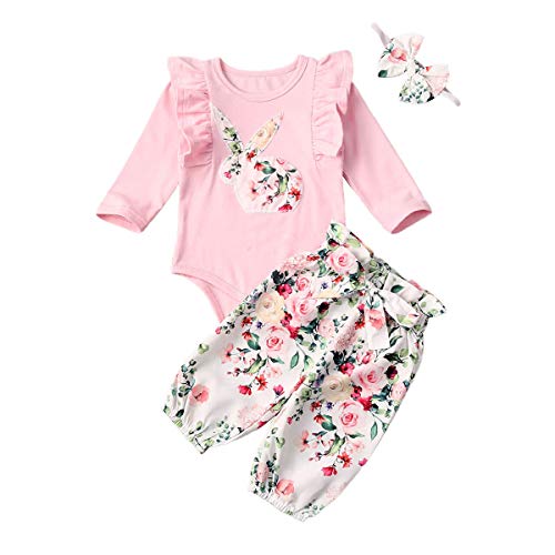 Newborn Baby Girls Easter Outfit Long Sleeve Bunny Print Romper + Floral Pants + Bow Headband 3pcs Set (Light Pink, 6-12m)