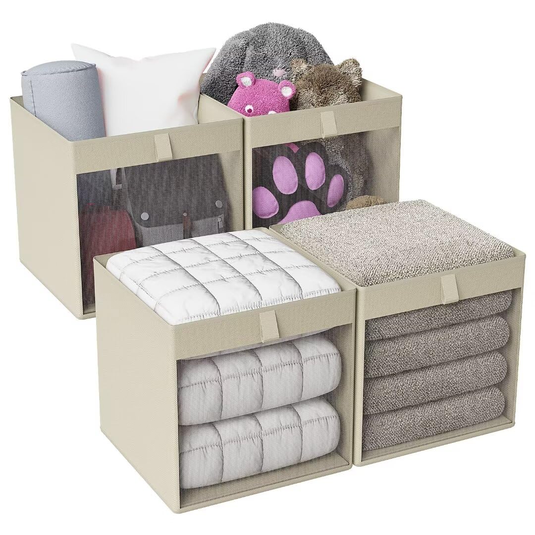 4 Pack 13x13 Storage Cube, Large Cube Storage Bins with Clear Window, Fabric Cube Storage Bins Collapsible Storage Cube Bins for Organizing, Shelves, Toys, Clothes (Beige)