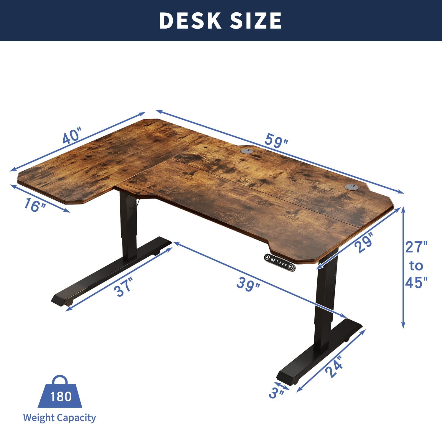 59'' L Shaped Electric Height Adjustable Standing Desk, Sit to Stand Home Office Computer Desk with Black Frame & Rustic Brown Top