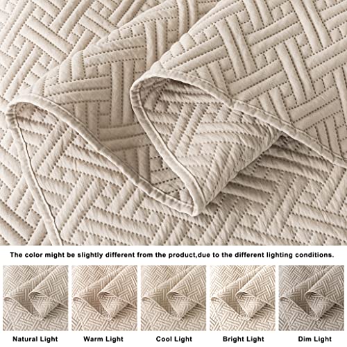 Beige Quilts Queen Size Bedding Sets with Pillow Shams, Tan Cream Lightweight Soft Bedspread Coverlet, Quilted Blanket Thin Comforter Bed Cover, All Season Summer Spring, 3 Pieces, 90x90 inches