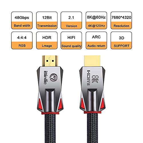 iBirdie 8K HDMI 2.1 Cable 6 Feet 8K60hz 4K120hz 4K144hz HDCP 2.3 2.2 eARC ARC 48Gbps Ultra High Speed Compatible with Dolby Vision Atmos PS5 PS4, Xbox One Series X, Sony LG Samsung, RTX 3080 3090