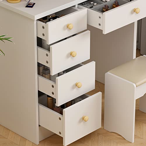 AGOTENI Makeup Vanity Set Dresser Desk with 5 Drawer and Shelf Round Mirror with Touch Screen and Light Vanity Set with Cushioned Stool for Bedroom, White