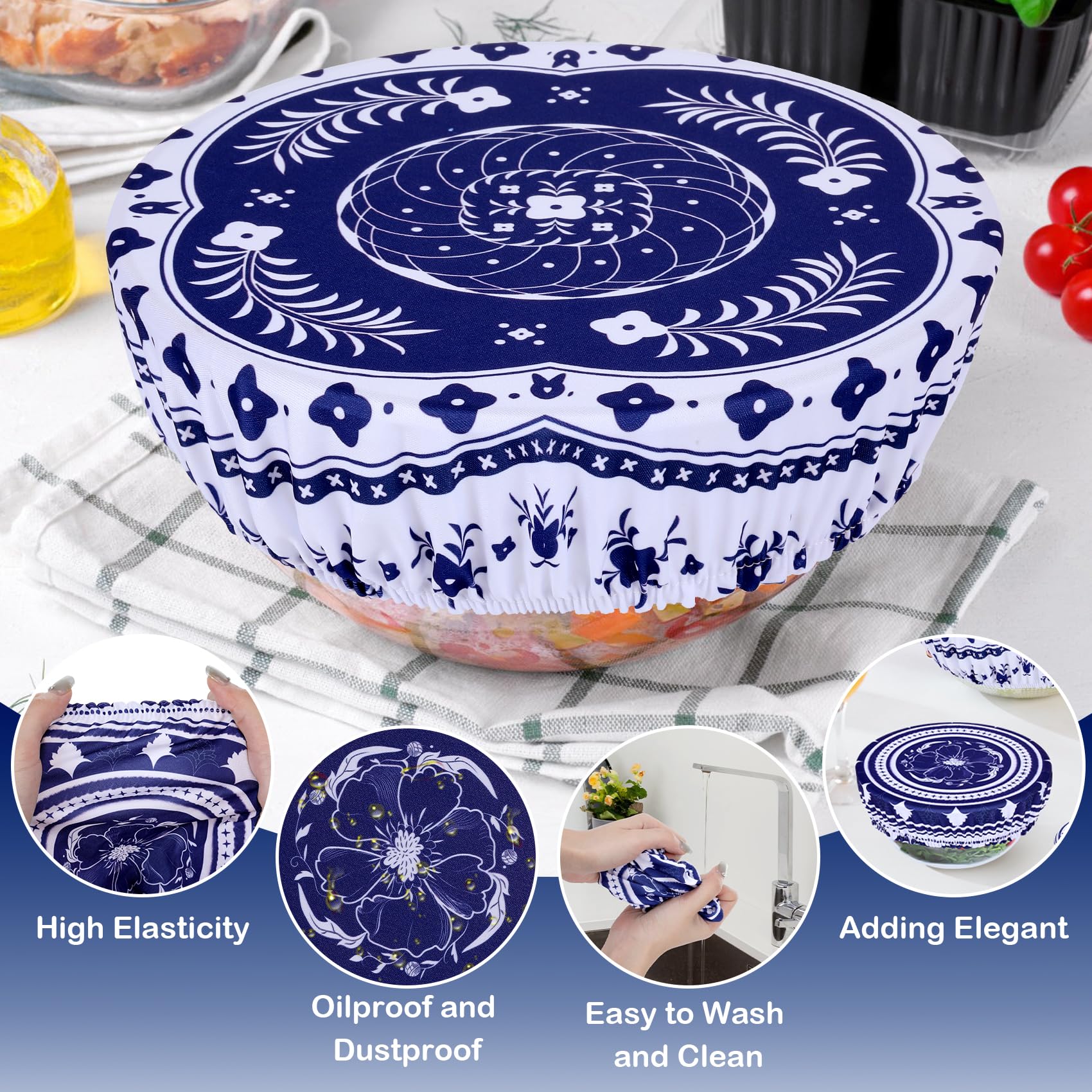 5 Pieces Bowl Covers Reusable, 5 Size Stretch Cloth Bowl Covers for Bread Proofing Cotton Fabric Elastic Bowl Covers Reusable Food Covers Washable for Food Fruits Leftover (Blue)