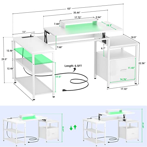 Aheaplus L Shaped Desk with Power Outlet, Standing Home Office Desk with Lift Top and File Drawer, 63'' Corner Computer Desk with Monitor Stand&Printer Shelves, Gaming Desk with Led Lights, White