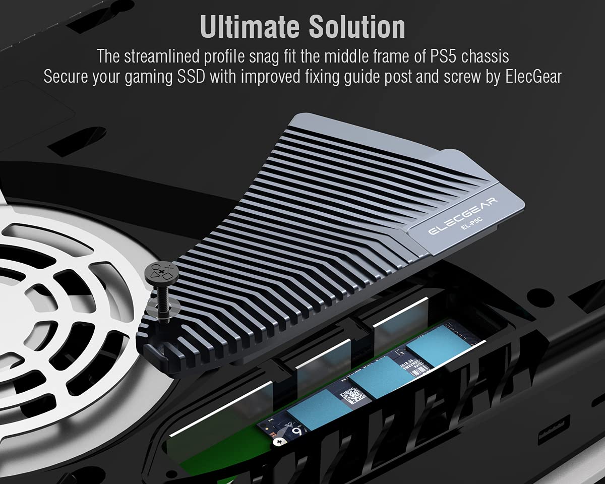 ElecGear PS5 NVMe SSD Heatsink, EL-P5C Heat Pipe + Solid Aluminum Cooler for PlayStation 5 Internal PCIe M.2 NVMe 4.0 Gen4 Gaming Memory, Thermal Pads and Re-Designed SSD Mounting Post Kit