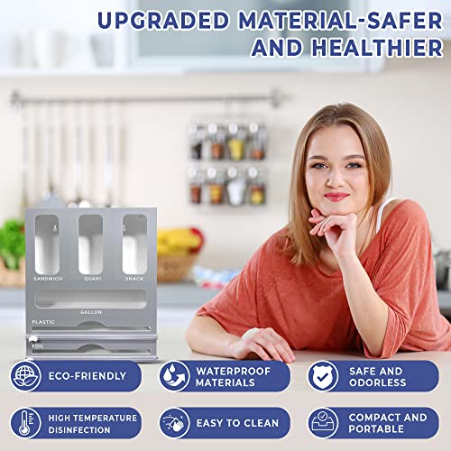 Acrylic Ziplock Bag Storage Organizer For Kitchen Organization Compatible with Gallon, Quart, Sandwich & Snack Variety Bags with Plastic Wrap, Aluminum Foil Dispenser & Cutters with Labels 6 IN 1