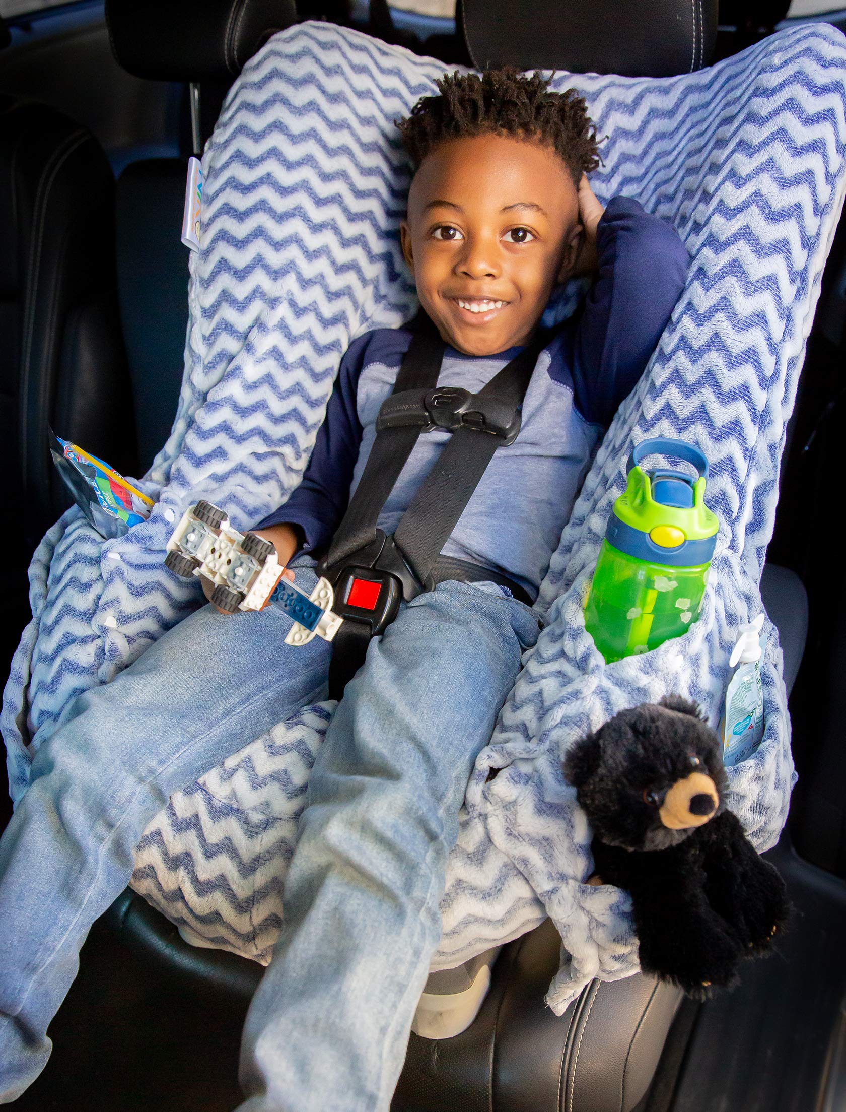 Niko Easy Wash Children's Car Seat Cover & Liner - Blue Chevron Minky - Great for Winter Weather - Universal FIT - Crash Tested - Waterproof SEAT Bottom - Mess Protection - Machine Washable