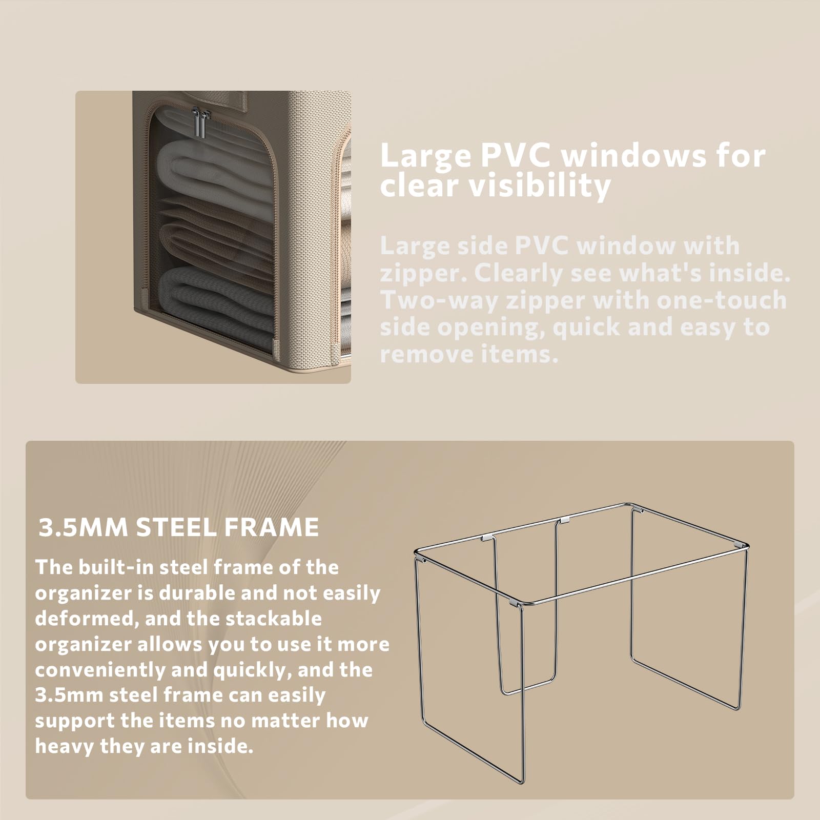 3Pack Clothes Storage Bins - Oxford Frame Storage Box Foldable Stackable Storage Organizer with 3 Openings Design, Metal Frame, Clear Window, Carry Handles (36L-15.7 * 11.8 * 11.8in, Dark Gray)