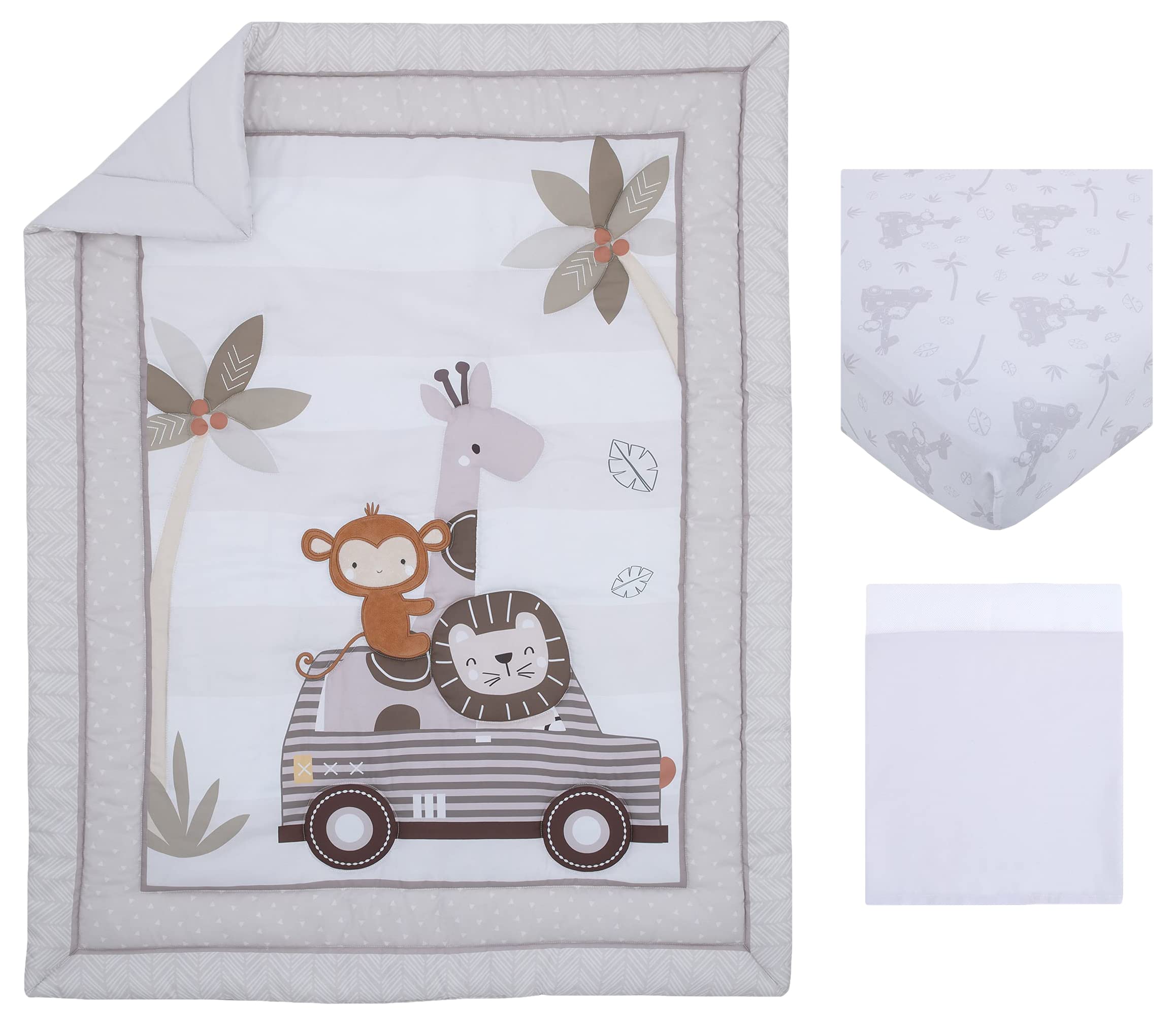 NoJo Little Love Jungle Ride Grey, White and Tan, Monkey, Giraffe and Lion 3 Piece Nursery Crib Bedding Set - Comforter, Fitted Crib Sheet, and Crib Skirt