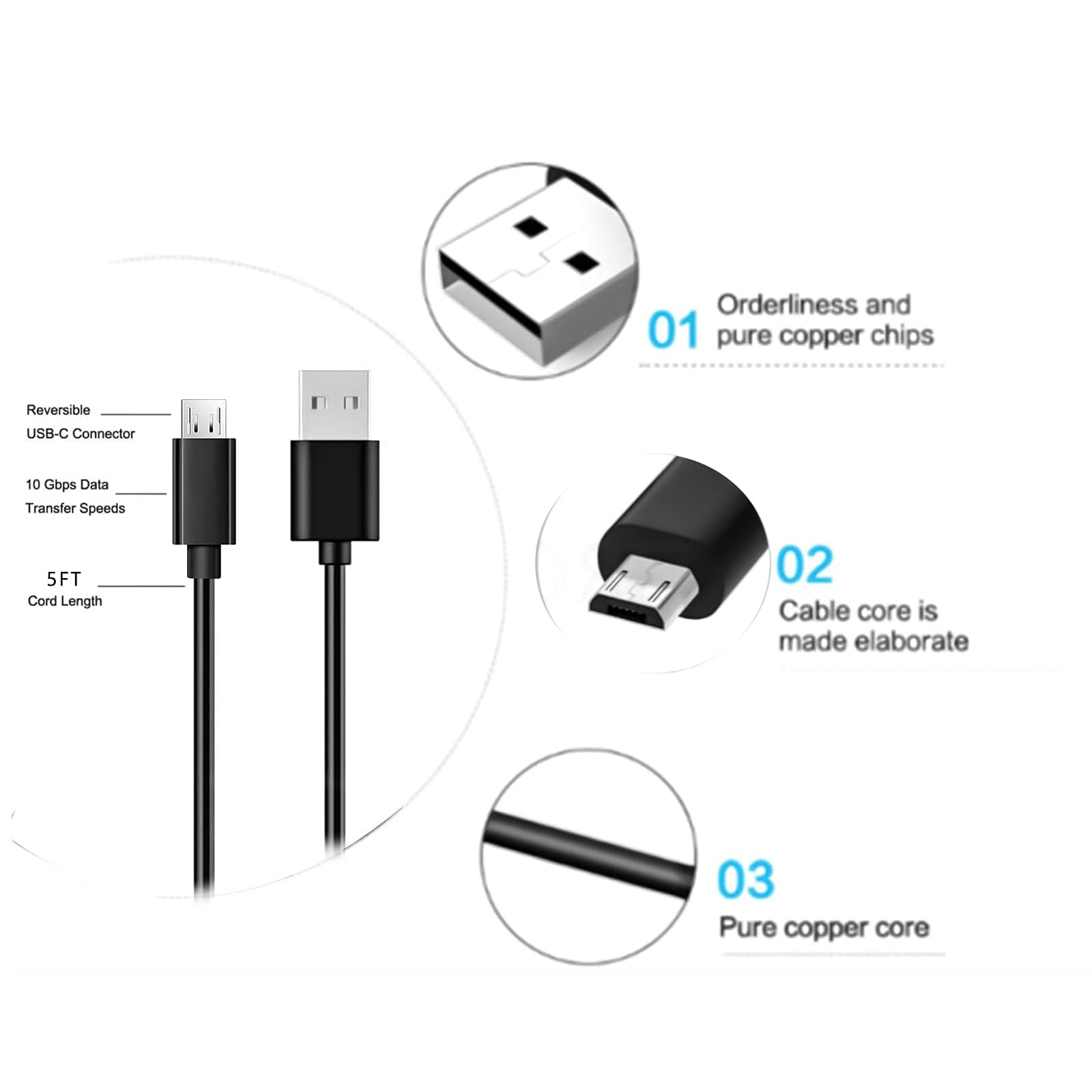 5FT Replacement Mirco USB Charger Charging Cable Power Cord for OneTouch Verio Flex (Not Compatible with OneTouch Verio IQ Models) - Black