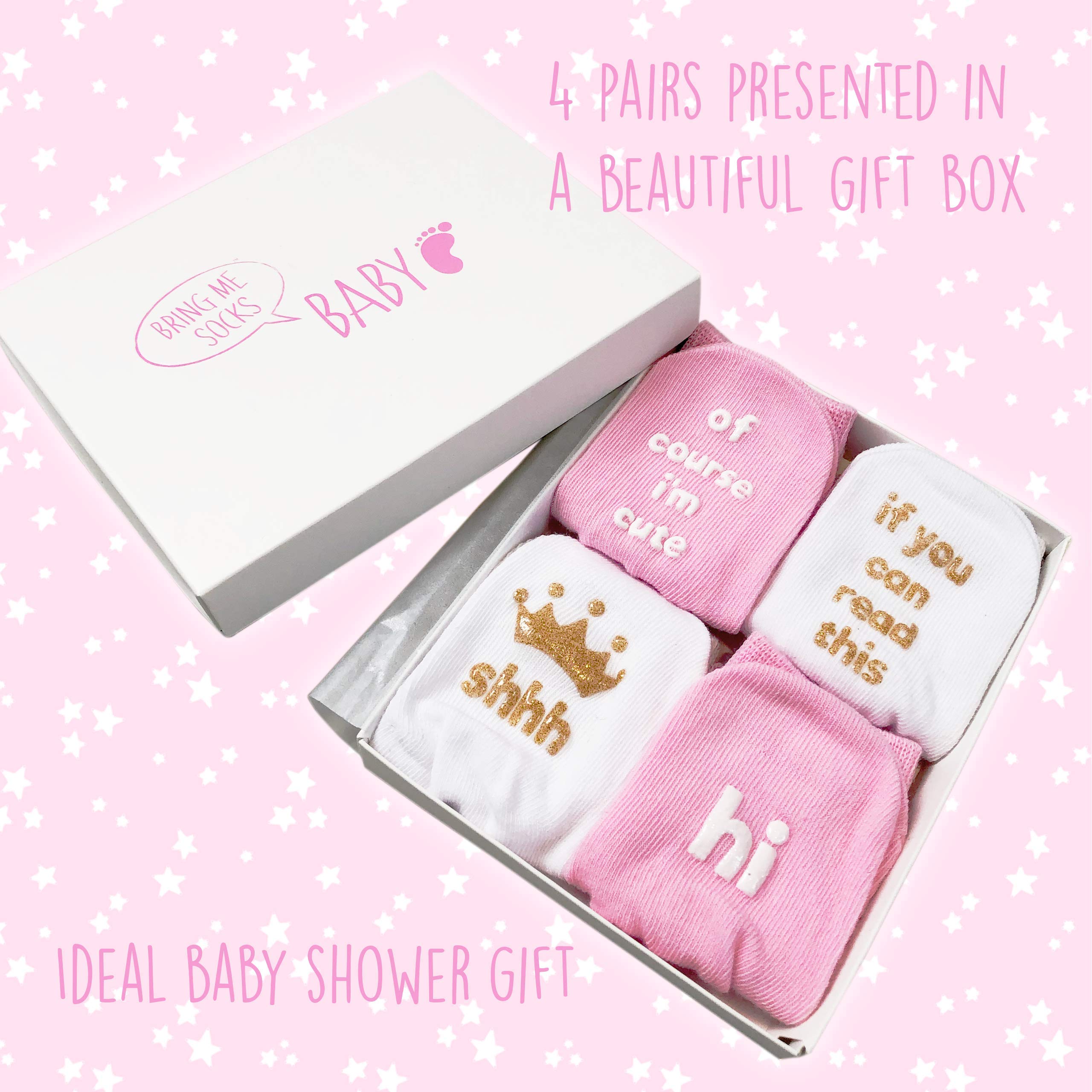 Baby Girl Socks Gift Set - Unique Baby Shower or Newborn Gift For Her - 4 Pairs of Cute Quotes in Gift Box
