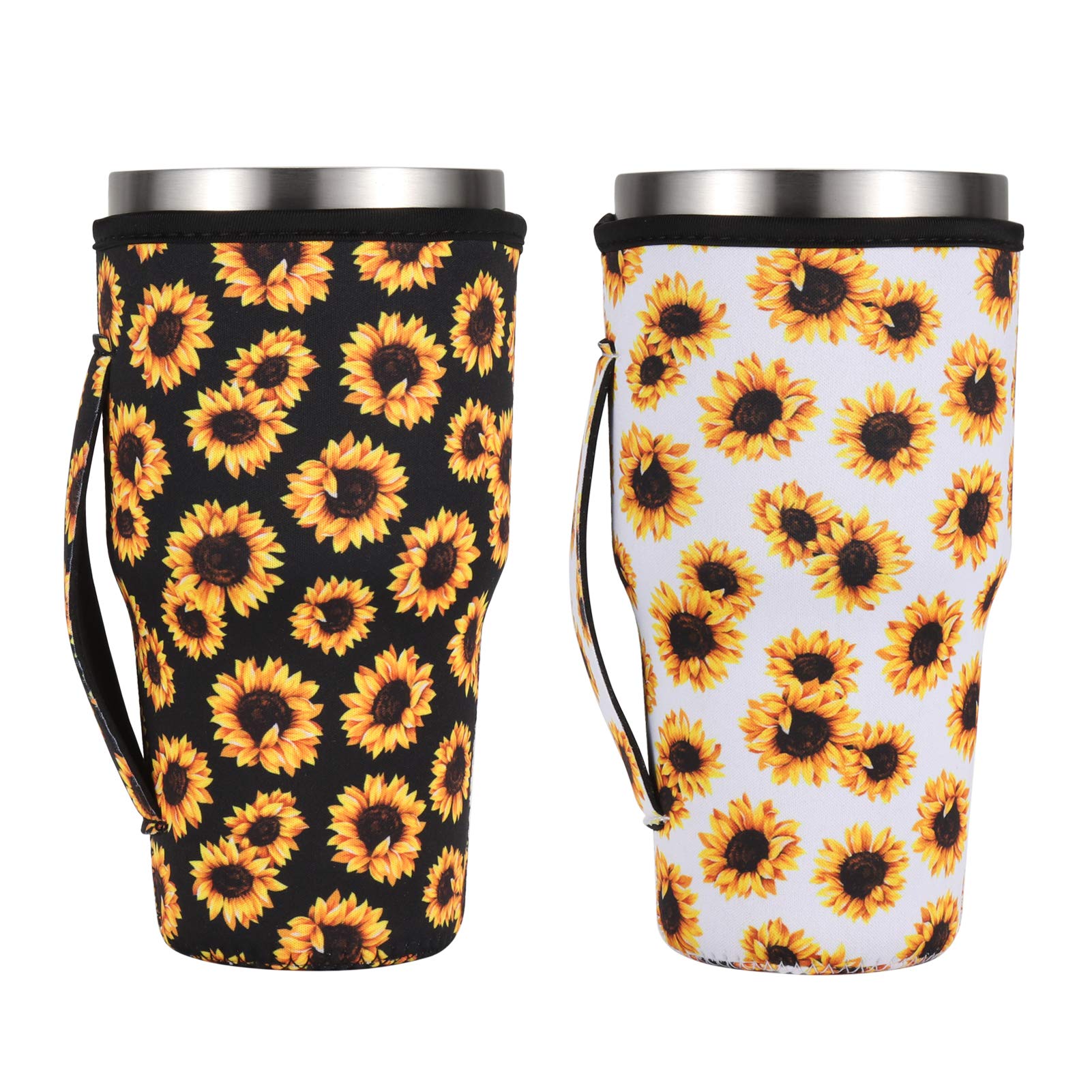 2 Pieces Reusable Iced Coffee Cup Sleeve Neoprene Cup Insulator Sleeve Cup Cover Insulated Sleeves Drinks Sleeve Holder for 30 oz Cold Hot Beverages, 2 Styles(Sunflower)