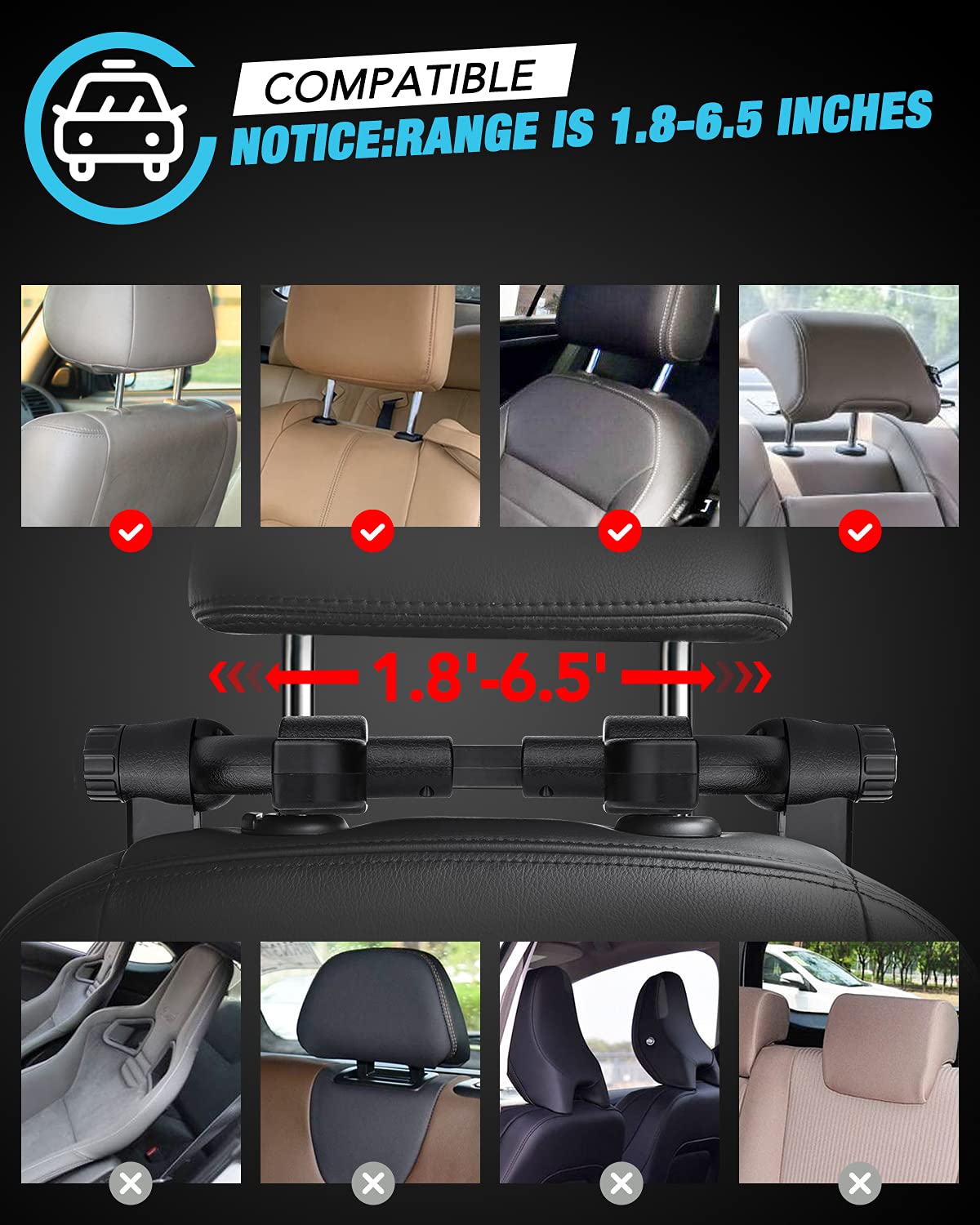 JZCreater Car Headrest Pillow, Car Seat Head Neck Support Pillow, Sleeping Travel Cushion Pillow, Baby Head Support, 360 Degree Adjustable Long Trip Rest Headrest Pillow for Kids Adult, Black