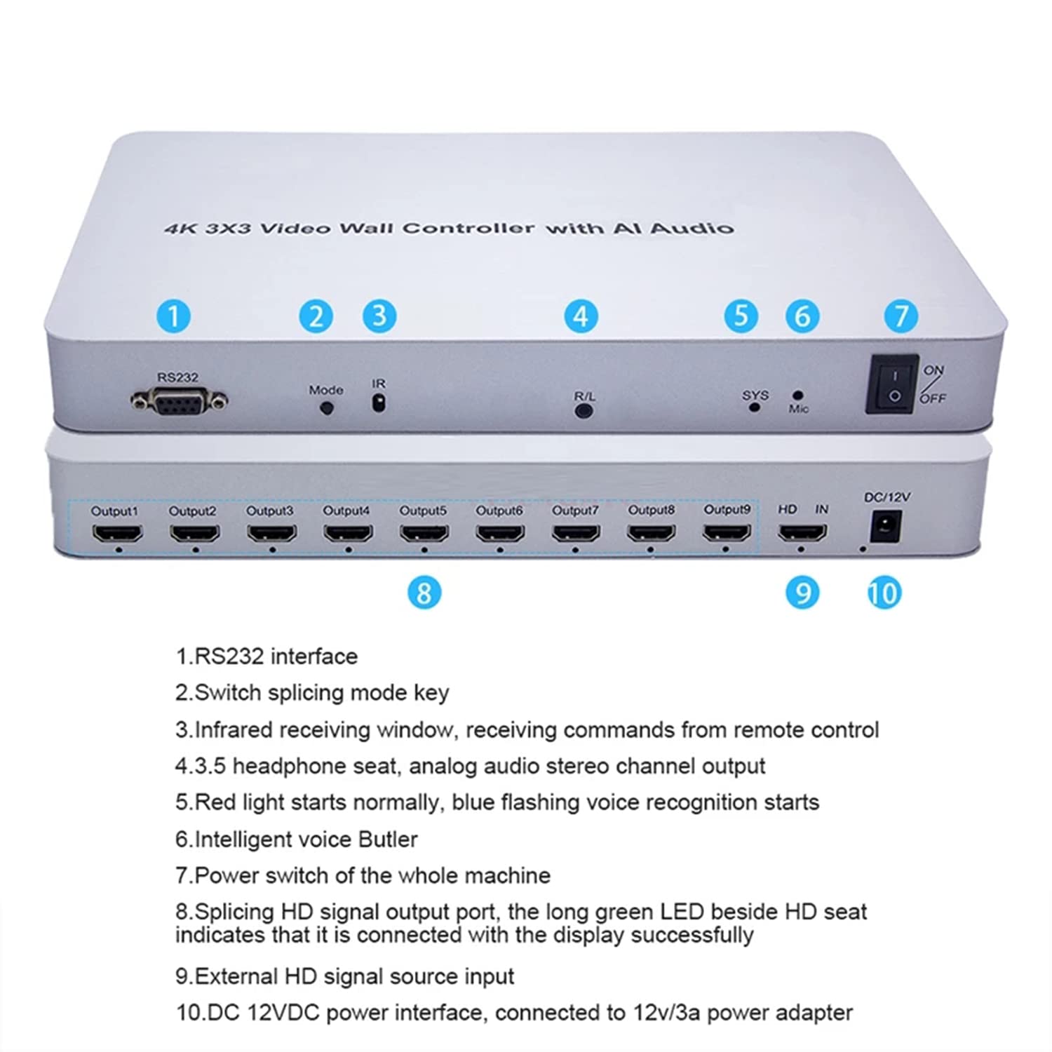 4K HDMI 3x3 Video Wall Controller with Al Audio | 9 Channels | HDMI 1.4, HDCP1.4 | 1 HDMI Input & 9 Outputs | 15 Display Modes - 1x2, 1x3, 1x4, 2x1, 2x2, 2x3, 2x4, 3x1, 3x2, 3x3, 4x1, 4x2