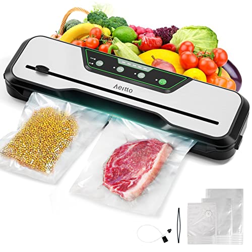 Automatic Food Vacuum Sealer Machine | AeittoĀ® 80KPa 8-In-1 Food Vacuum Saver with Starter Kits | 15 Bags, Pulse Function, Moist&Dry Mode and External VAC for Jars and Containers | Build-in Cutter | LED Indicator | Easy to Clean | Sous Vide