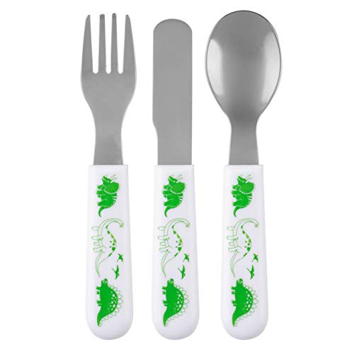 Brinware Toddler Utensils Kids Silverware Set - Fork Spoon and Knife Cutlery Set (6 Pack) Stainless Steel Flatware - Self Feed Baby Utensils - Dino/Shark