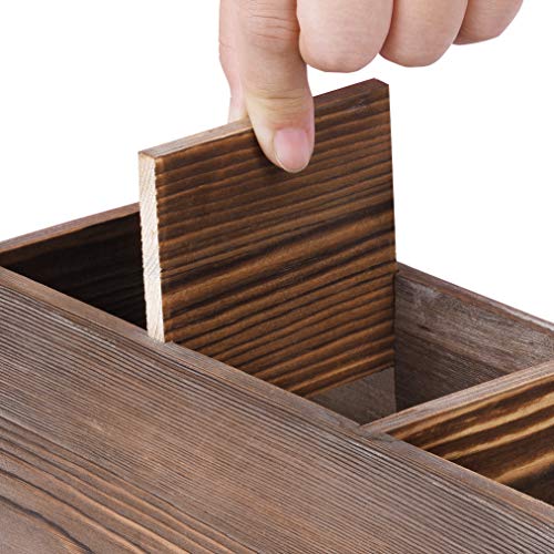 WuGeShop Wood Remote Control Holder 4 Compartments, Rustic Wooden Table TV Remote Caddy, Multi-use Desktop Remote Storage Organizers for Controller, Pencils, Pens, Phones