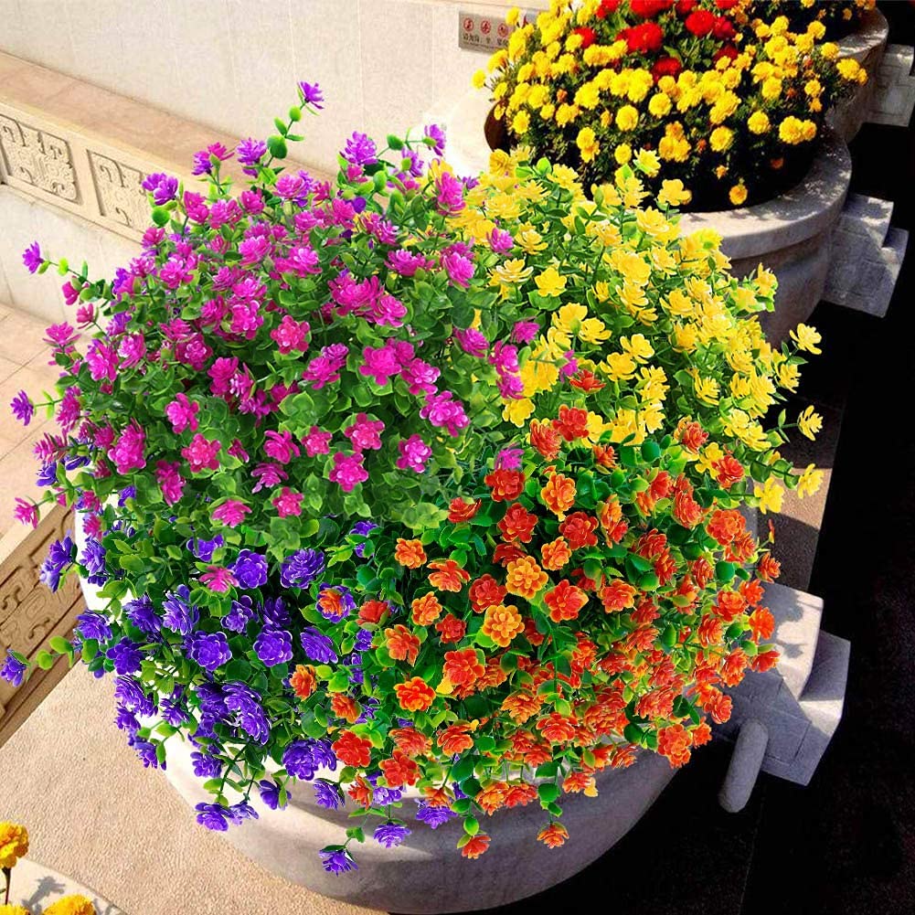 2 Bundles Artificial Flowers Outdoor Decoration UV Resistant Plants Plastic Fake Window Box Home Garden Office Wedding Decor