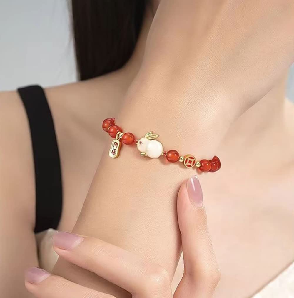 2023 Chinese Style Rabbit Year Beads Bracelet Adjustable Bangle Women Gift, Adjustable Bracelet for Women Girls Jewelry (Red+White)