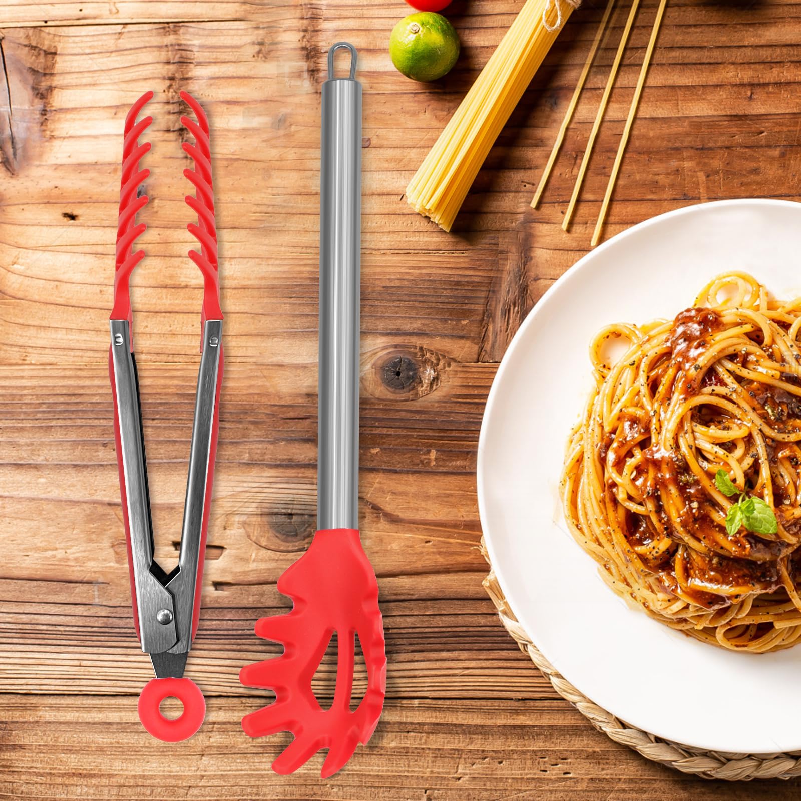 2 Pieces Spaghetti Spoon and Pasta Tong,Non-stick 13-Inch Silicone Spaghetti Fork and 9.8-Inch Stainless Steel Handle Spaghetti Tong Food Clip for Spaghetti Noodle (Red)
