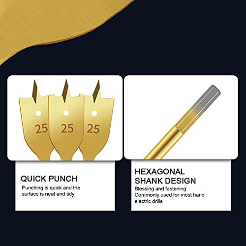Spade Drill Bit Set, 6 Pieces Paddle Flat Bits for Woodworking, Carbon Steel with Titanium Coating, Quick Change Shank, Hole Cutter, 10mm 12mm 16mm 18mm 20mm 25mm