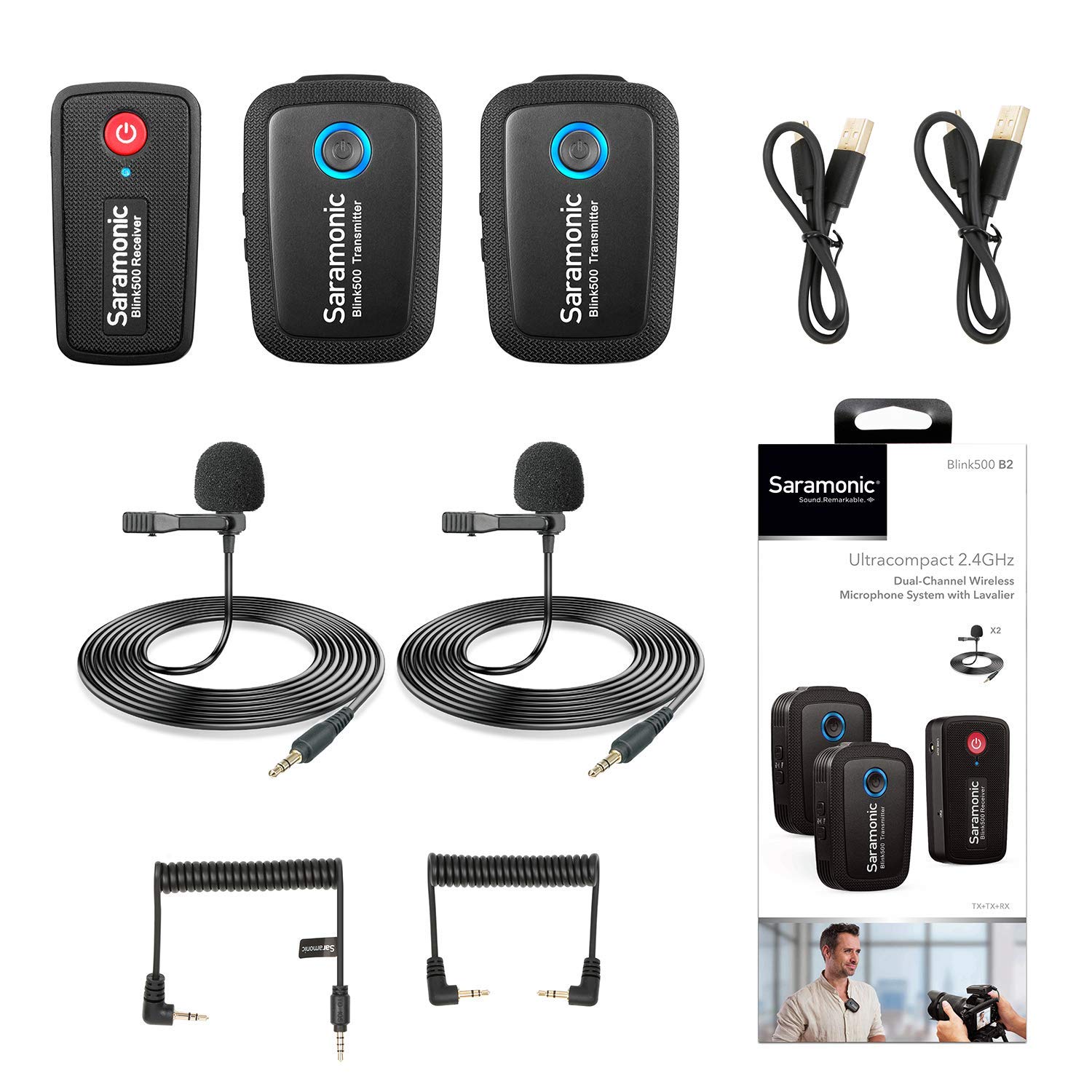 2.4GHz Wireless Lavalier Microphone System, Saramonic Blink500 B2 Dual-channel Mic Two Transmitters for DSLR Camera, Mirrorless, and SmartPhone for Youtube Facebook Live Vlogging