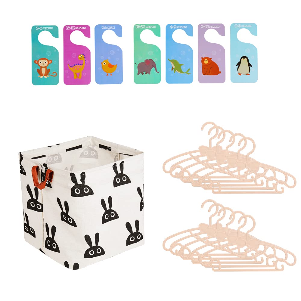 Nursery Closet Organizer and Storage Set - Hangers for Baby Clothes, Closet Size Dividers (Newborn Infant to Toddler), Large Collapsible Storage & Laundry Baskets - All in One Solution