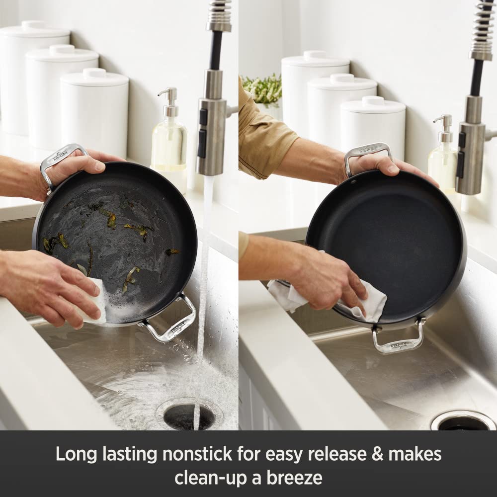 All-Clad HA1 Hard Anodized Nonstick Sauteuse Pan with Acacia Trivet and Spoon 4 Piece, 4 Quart Induction Oven Broiler Safe 500F, Lid Safe 350F Pots and Pans, Cookware Black