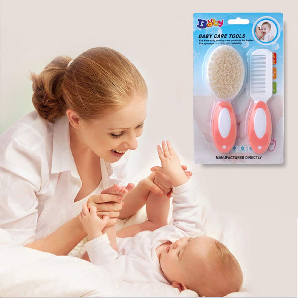 Baby Hair Brush and Comb Set for Newborns & Toddlers,Natural Soft Bristles,Ideal for Cradle Cap, Baby Registry Gift (Pink)