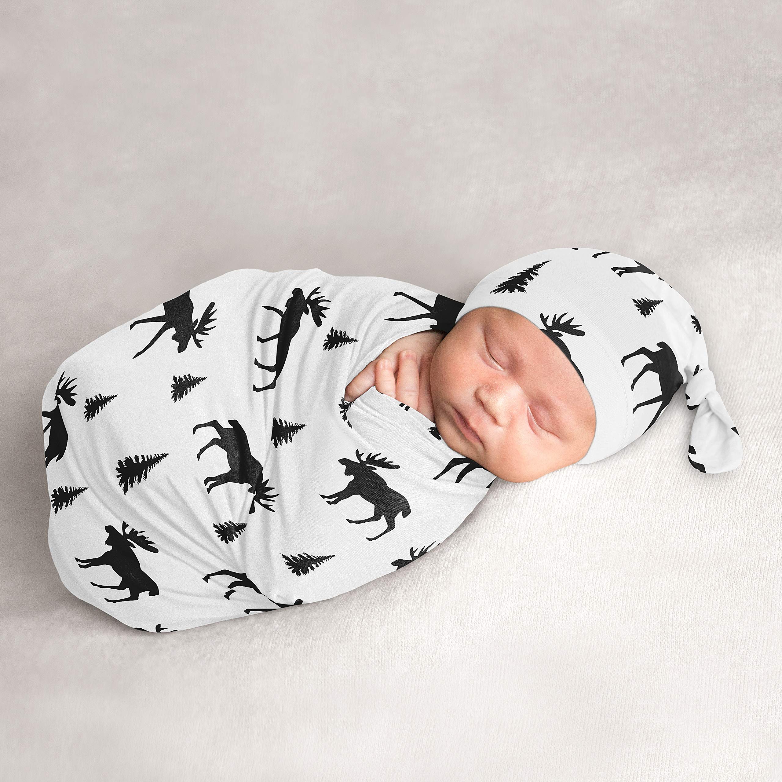 Sweet Jojo Designs Woodland Moose Baby Boy Cocoon and Beanie Hat 2pc Set Jersey Stretch Knit Sleeping Bag for Infant Newborn Nursery Sleep Wrap Sack - Black and White Forest Animal Rustic Patch