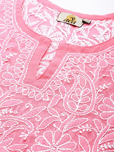 Ada Indian Hand Embroidered Chikankari Women's Pink Georgette Top Tunic Shirt Kurti A911225 (XX-Large)