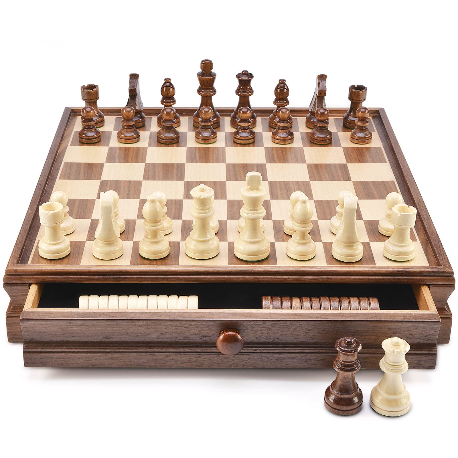 AMEROUS 15" x 15" Wooden Chess & Checkers Set with Built-in Storage Drawers/Weighted Chess Pieces / 2 Bonus Extra Queens / 24 Cherkers Pieces/Classic 2in1 Board Games for Kids, Adults