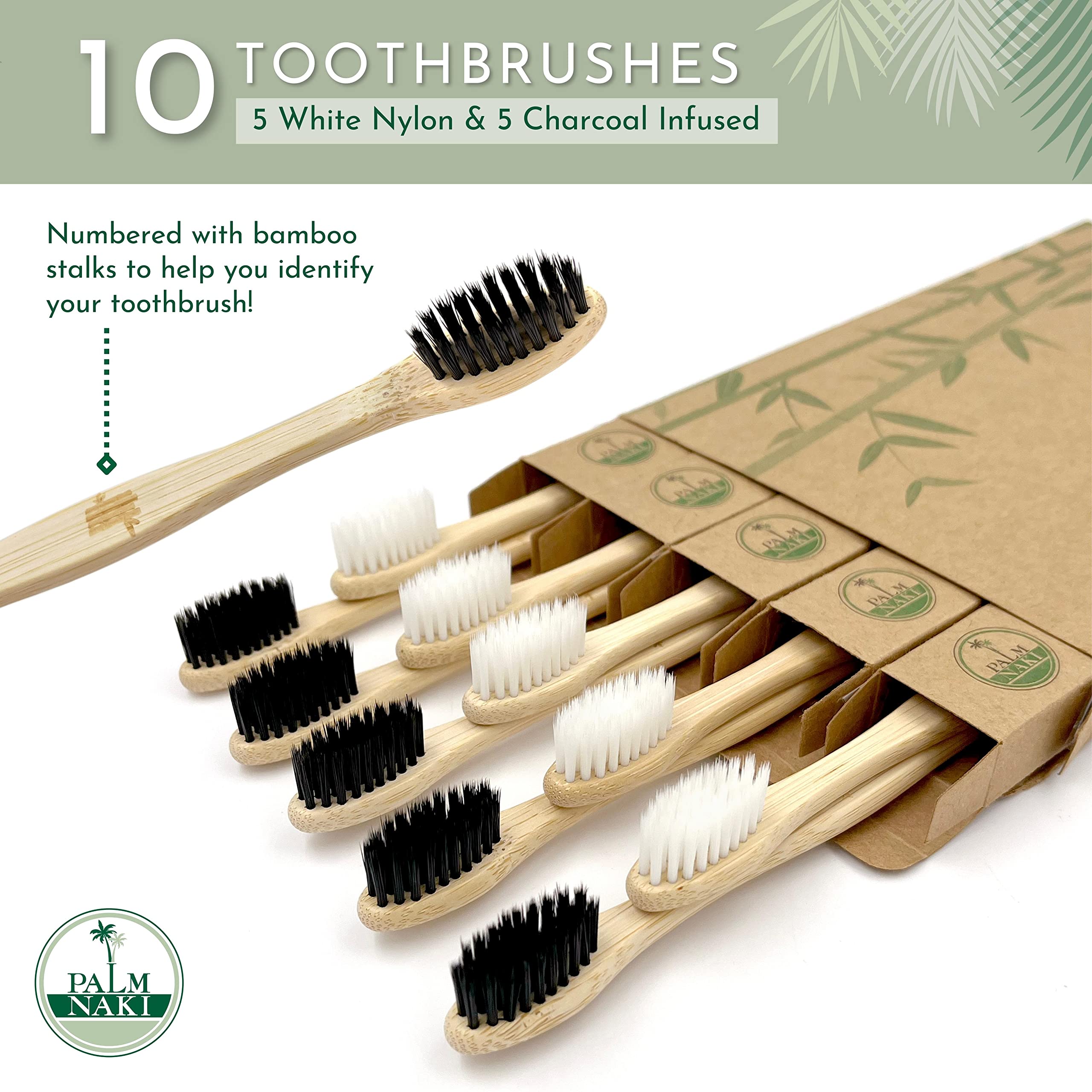 Palm Naki Bamboo Toothbrushes (10 Pack) - Eco Friendly, Biodegradable Toothbrushes, Soft Bristle Toothbrush, BPA Free