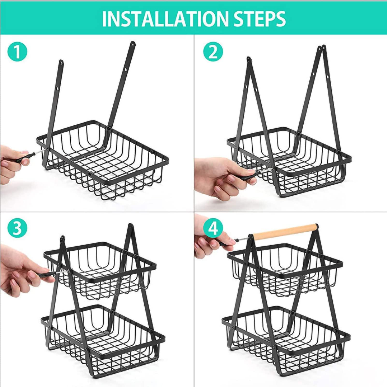 2 Tier Fruit Storage Basket Countertop for Kitchen, Rectangle Fruit Bread Wire Basket Vegetable Fruit Basket Bowl Stand Holder with Wooden Handle(Black)