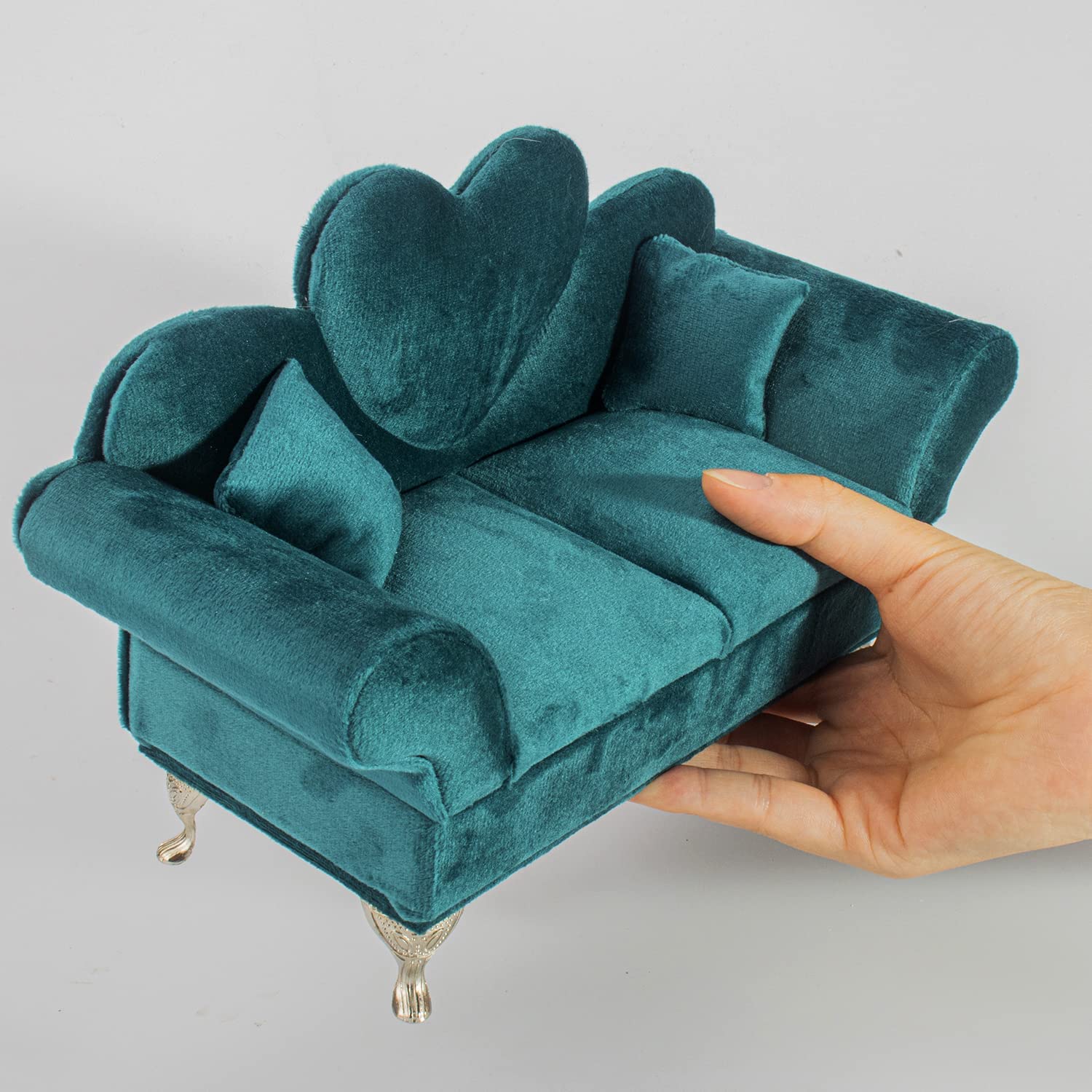 9.8 Inch Openable Dark Green Sofa Jewelry Box Armchair for Dollhouse Heart Shape Velvet Chair 1/6 Scale Dolls Accessories