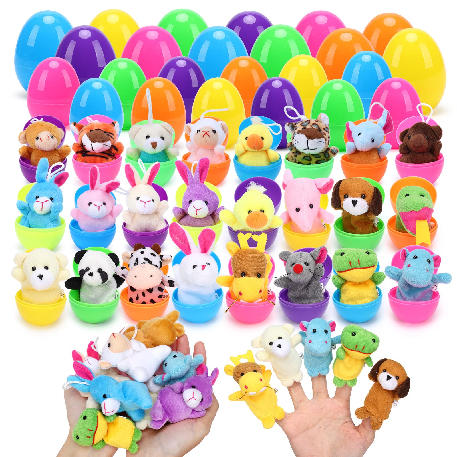 24 Pack Easter Eggs Filled with Finger Puppets & Mini Plush Animals Stuffed Toy for Easter Basket Stuffers/Fillers, Easter Eggs Hunt, Easter Party Favor,Gift Exchange, Easter Gift for Kids