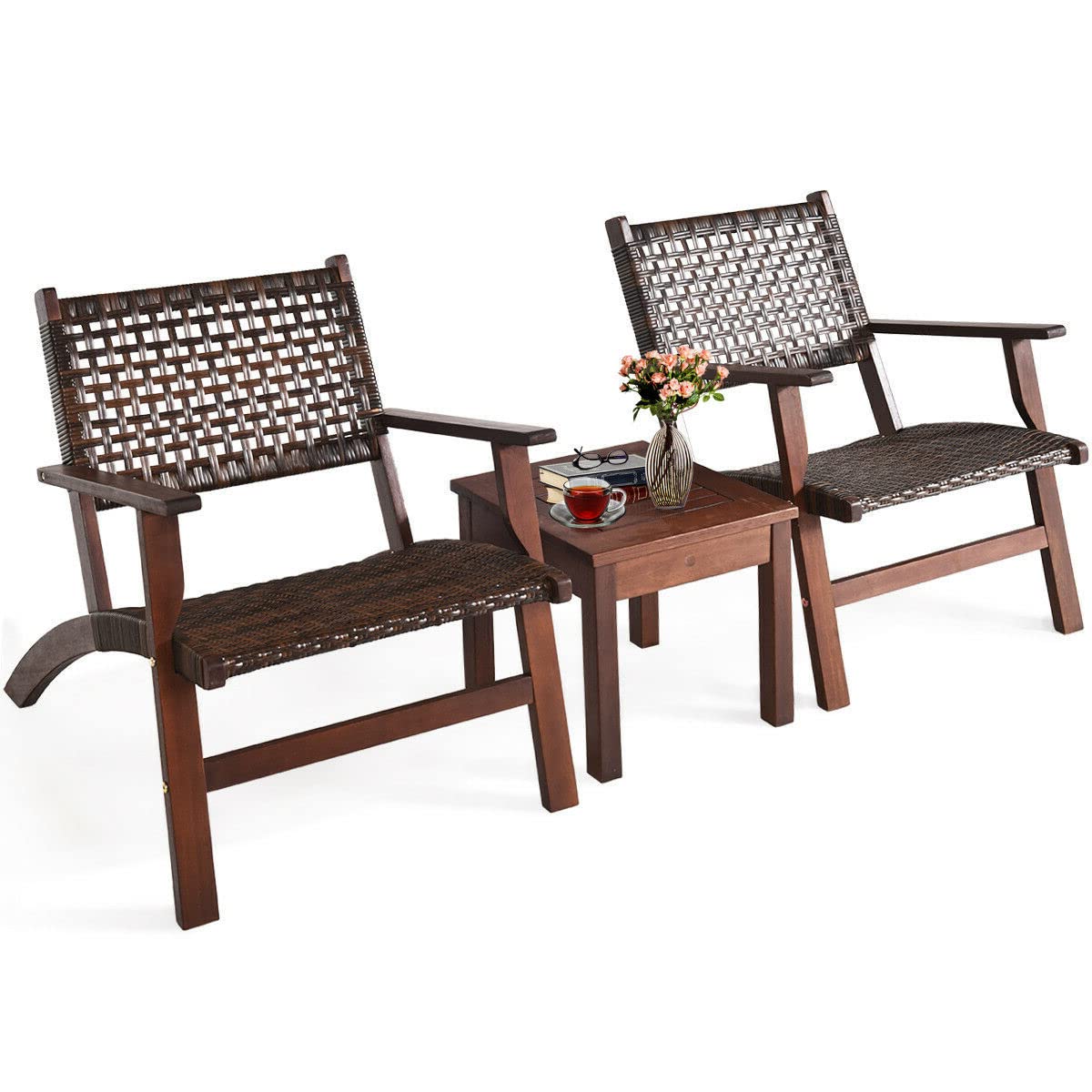3PCS Outdoor Furniture Set Patio Conversations Set 2 Armchairs with Coffee Table Wide Armrest Tight Hand Woven Rattan Sloping Backrest Curved Chair Seat Perfect for Garden Balcony Poolside Use