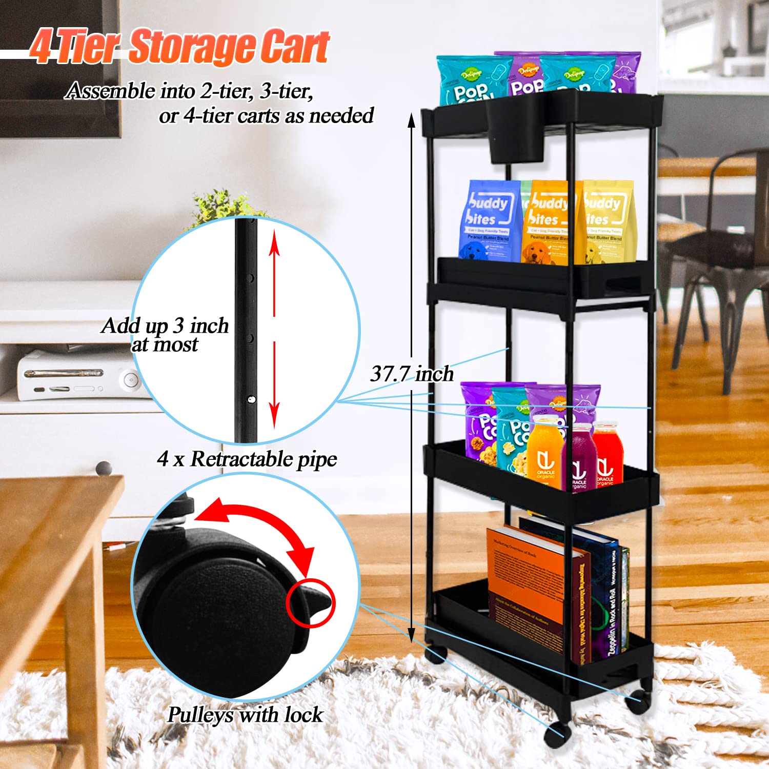2 Pack Under Sink Organizers and Storage,2 Tier Pull Out Cabinet Organizer with Wheels,4 Tier Multi-Functional Rolling Storage Cart with Retractable Tubes for Bathroom,Kitchen,Laundry Room,Black