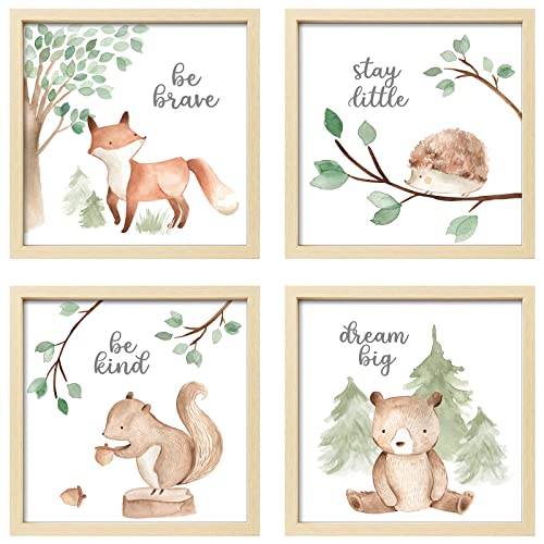 ArtbyHannah 4 Pack Framed Funny Woodland Baby Nursery Wall Art Decor with 10x10 Frames and Cute Safari Animals Prints for Kids Playroom Decoration, Light-Wood