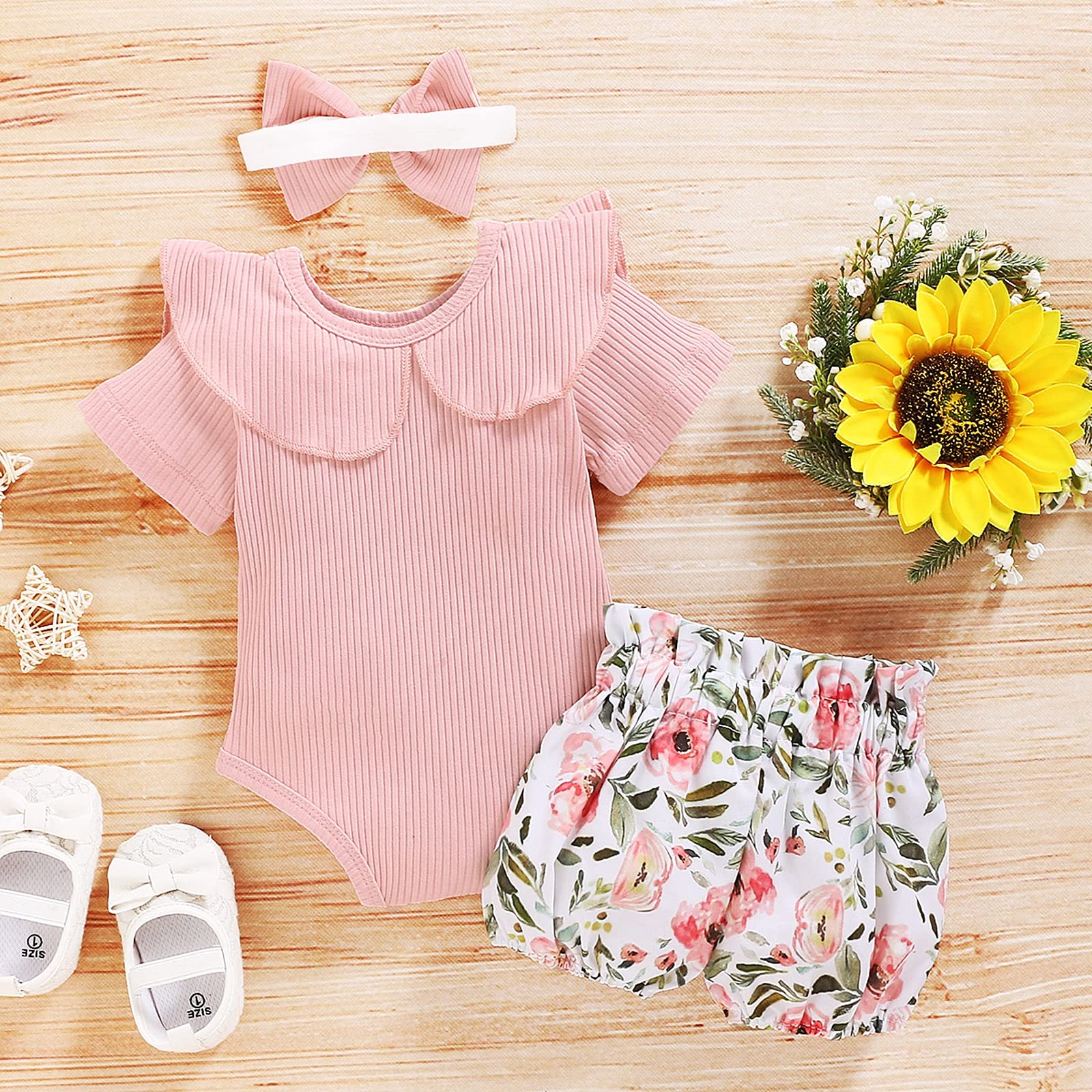 Dimoybabe Newborn Baby Girl Clothes Summer Infant Outfit Cute Ruffle Romper Short Set Solid Pink 3-6 Months 80cm