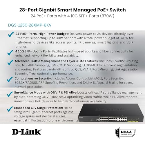 D-Link 28-Port Gigabit Smart Managed PoE+ Switch | 24 PoE+ Ports (370W) + 4 10G SFP+ Ports| L2+/L3 Lite |VLANs |Web Managed |Surveillance Mode | Rackmount | NDAA Compliant (DGS-1250-28XMP-6KV)