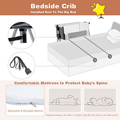 BABY JOY Bedside Bassinet, Portable Baby Crib w/Mattress, Two-Side Breathable Mesh, 7 Height Adjustable, Large Storage, Wheels for Easy Movement, Crib for Newborn Infant, Bassinet for Baby, Dark Grey