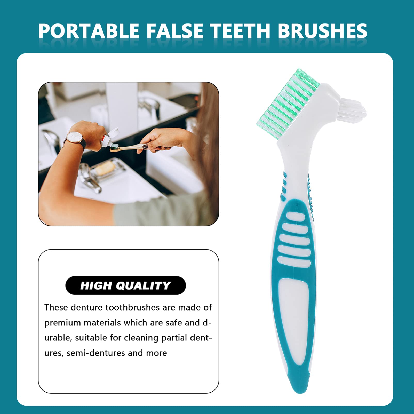 Healifty 4 Pcs Hard Denture Brush Double Sided Toothbrush Multi- Layered Bristles Fake Teeth Cleaning Brush Denture Care (Green)