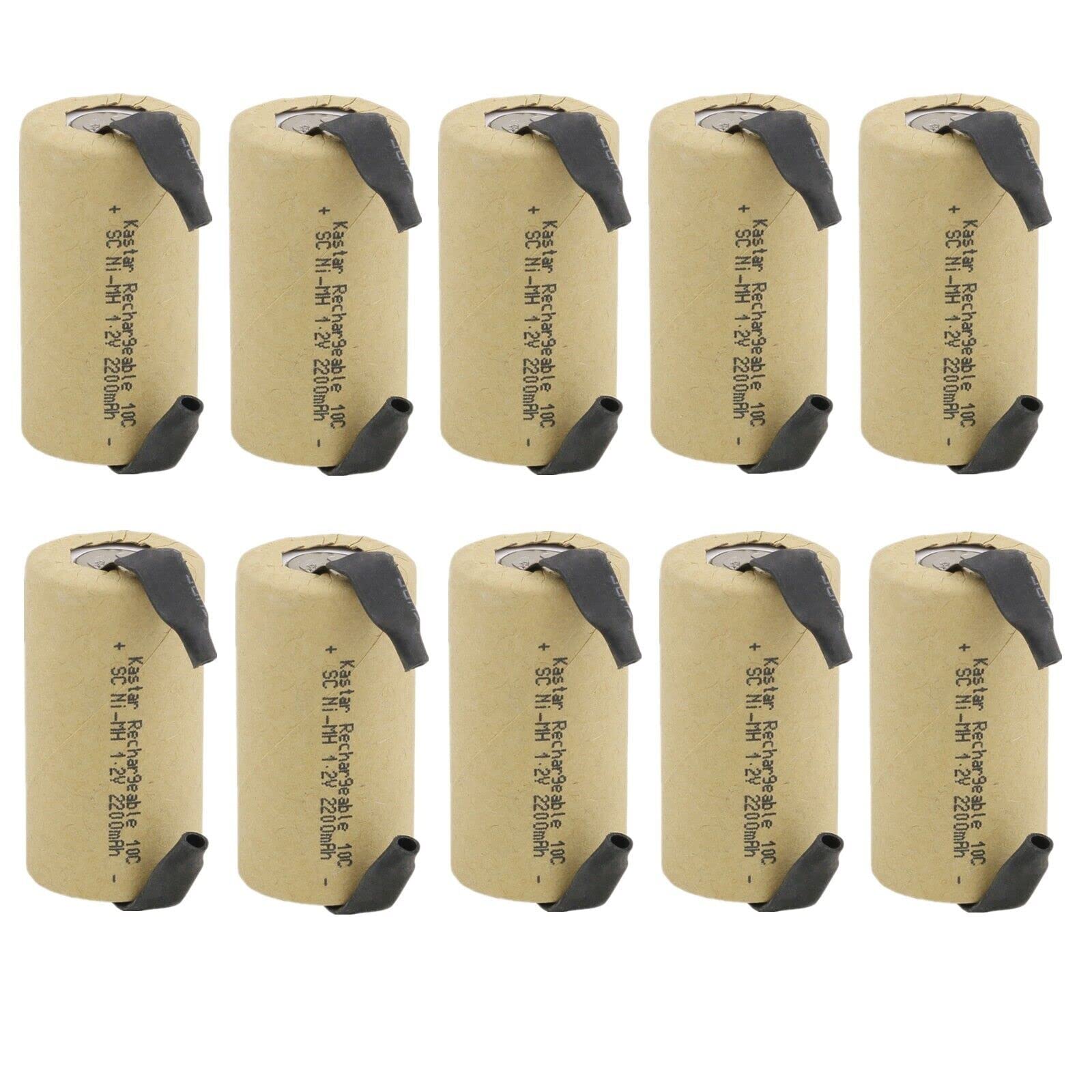 Kastar 10-Pack Nickel Metal Hydride (Ni-MH) Rechargeable Paper Wrapped Sub C SC Cell 1.2V 2200mAh Battery Flat Top with Tabs Replacement for Any of 1000mAh ~ 2500mAh Ni-CD & Ni-MH Sub C SC Cells