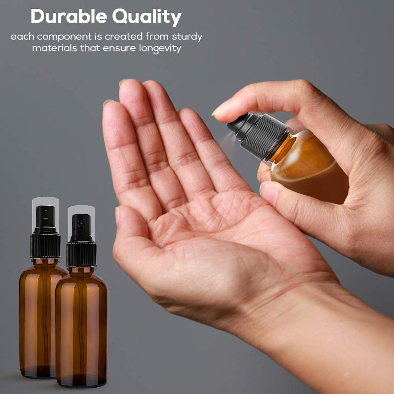 Nylea Small Glass Spray Bottles for Oil, Hair, Plants Water 2 oz | Empty Fine Mist and Refillable Mister Amber Mini Travel Size Bottle for Cleaning Solutions, Essential Oil Sprayer and Nozzle - 2 Pack
