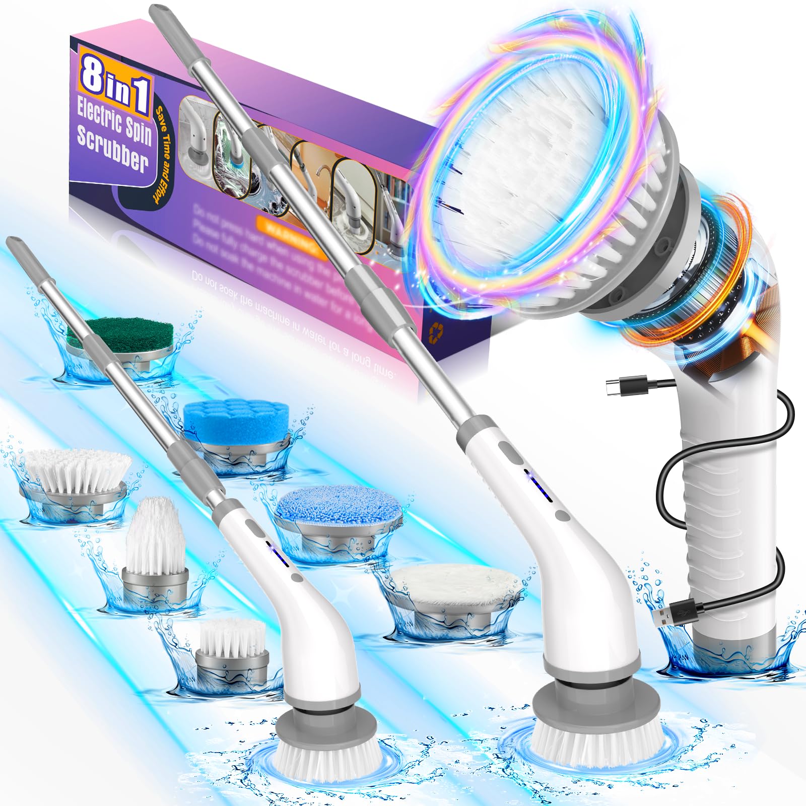2024 New Rechargeable Cordless Power Electric Spin Scrubber & 7 Replaceable Brush Heads with Adjustable Extension Handle Shower Scrubber Electric Cleaning Brush
